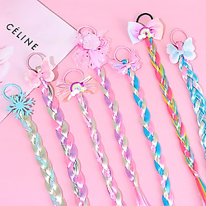 8 Pieces Colored Braids Hair Extensions with Rubber Bands Ponytails Hair Bows Rainbow Color Synthetic Hairpieces Glitter Braided Hair Extensions for Women Kids Girls Party Highlights Cosplay Dress Up