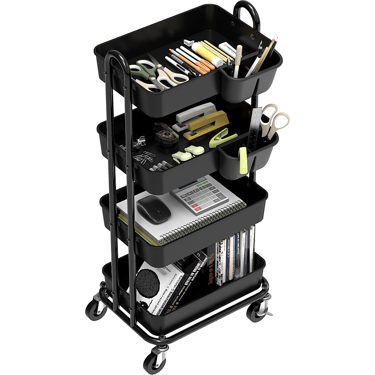 Simple Houseware 4-Tier Multifunctional Rolling Utility Cart with Hanging Buckets, Black