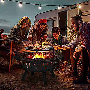 MoNiBloom 38" Wood Burning Fire Pit Metal Backyard Patio Round Table Outdoor Heating and Cooking Grill Rack Grate for Garden Picnic Camping Bonfire, Black