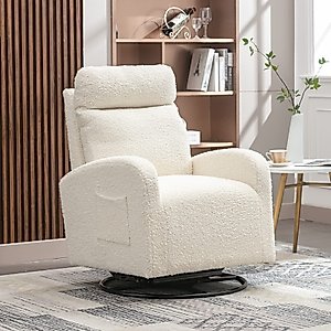 LUCKHAO Swivel Rocking Chair，Nursery Swivel Glide Armchair Teddy Fabric Upholstered Modern Rocking Chairs with High Backrest for Nursery, Bedroom, Living Room（White Teddy