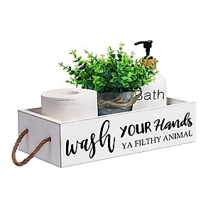 Msyueos Wash Your Hands Toilet Tank Basket Wooden Toilet Paper Basket Storage Box with 2 Sides Signs Toilet Basket Bathroom Decor Box Home Toilet Decor White Basket for Bathroom