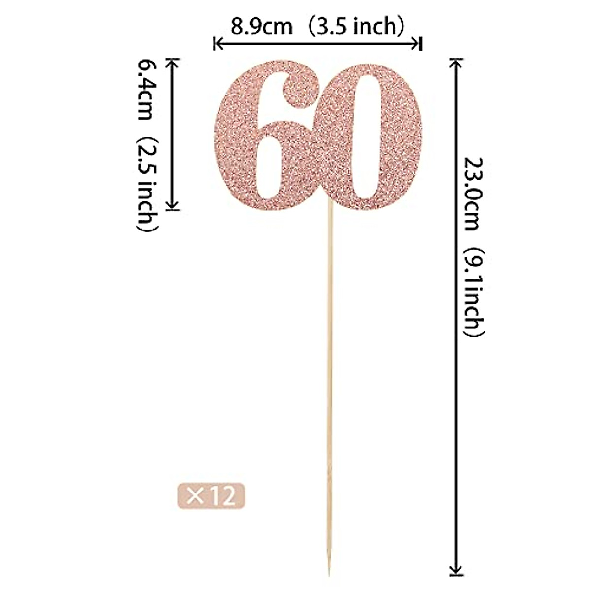 12 PCS Glitter 60th Birthday Centerpiece Sticks Number 60 Cake Toppers Sixty Table Flower Topper Decorations for 60th Birthday Anniversary Party Centerpiece Supplies Rose Gold