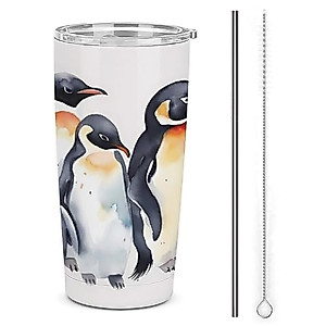 20 Oz Tumbler With Straw Leak Proof Thermos Cup, Animal Penguins Watercolor Pattern Stainless Steel Insulated Travel Coffee Mug Fit for Car Cup Holder