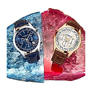 Stuhrling Original Mens Watches Chronograph Analog Silver Dial with Date Rose Gold Steel Case Tachymeter 24-Hour Subdial Mens Brown Leather Strap