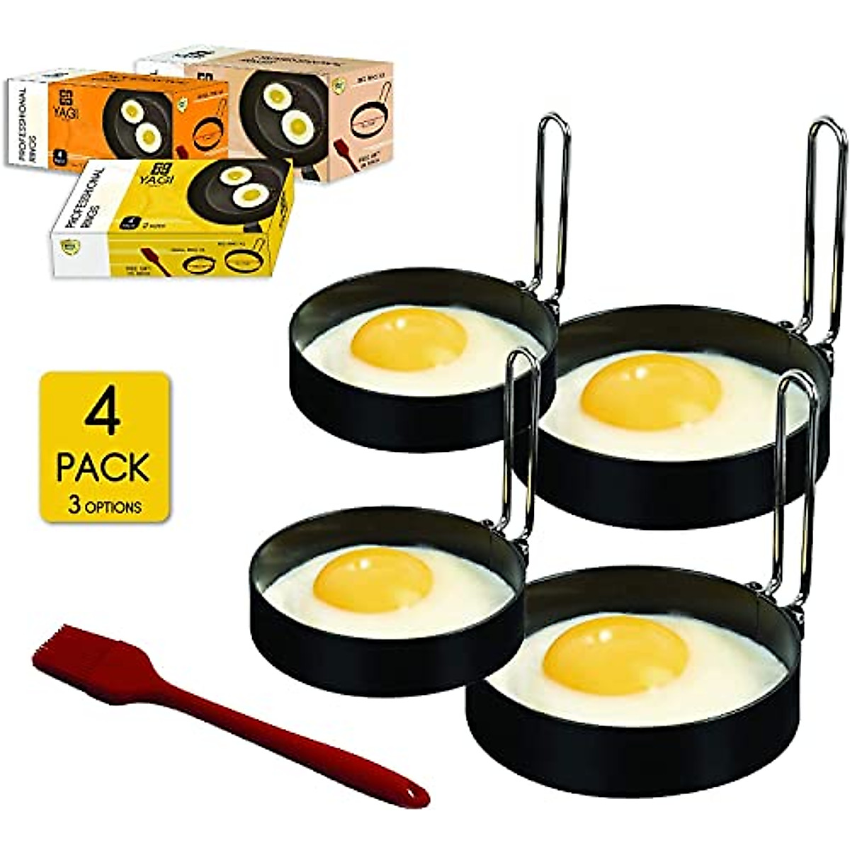 YAGITools Egg Rings Mold- Set of 4 Round Egg Rings for Egg McMuffins - Rust & Leak proof Egg Rings for Frying Eggs - Egg Molds with Foldable Handles + Silicone Basting Brush (3.5 inch), black