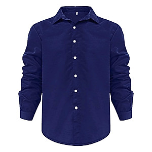 Men Linen Button Down Dress Shirts Casual Long Sleeve Cotton Beach T Shirts Stand Collar Solid Summer Yoga Tops (Blue,Large)