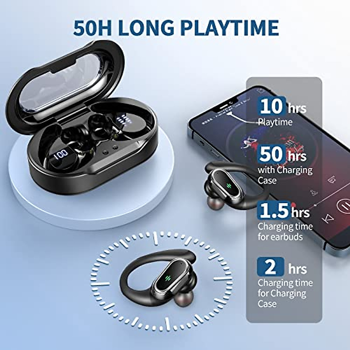 Wireless Earbuds Headphones Bluetooth 5.3, 50Hrs Playtime with LED Display, Over Ear Buds Noise Cancelling Mic, Stereo Bass Bluetooth Earbuds with Earhooks, IP7 Waterproof Earphones for Sports Workout
