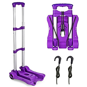 Home-Man Folding Hand Truck, Heavy Duty Luggage Cart, Utility Dolly Platform Cart with 4 Wheels and 2 Elastic Ropes for Luggage, Travel, Moving, Shopping, Office Use (110LB, Purple)