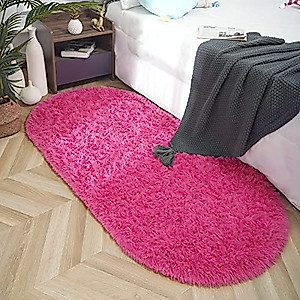 ISEAU Oval Fluffy Rug Carpets, Modern Plush Shaggy Area Rug for Kids Bedroom Extra Comfy Cute Nursery Rug Bedside Rug for Boys Girls Room Home Decor Mats, 2.6 x 5.3ft, Hot Pink