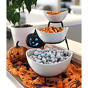 Partito Bella 3 Tier White Oval Bowl Set with Collapsible Thicker Metal Rack - Perfect Display for Chips, Dips, Candy, Fruit and More Collapsible Stand with Nesting Bowls for Easy Storage