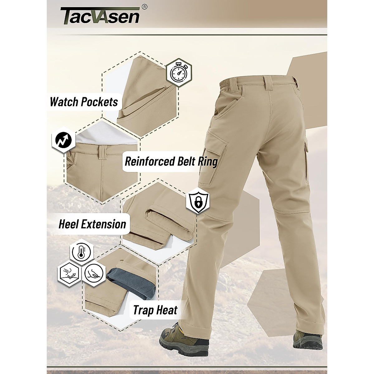 TACVASEN Mens Tactical Pants Insulated Warm Thermal Fleece Lined Shoftshell Khaki Pants for Snow Ski Men's Winter Hiking Outdoor Adventure Pants