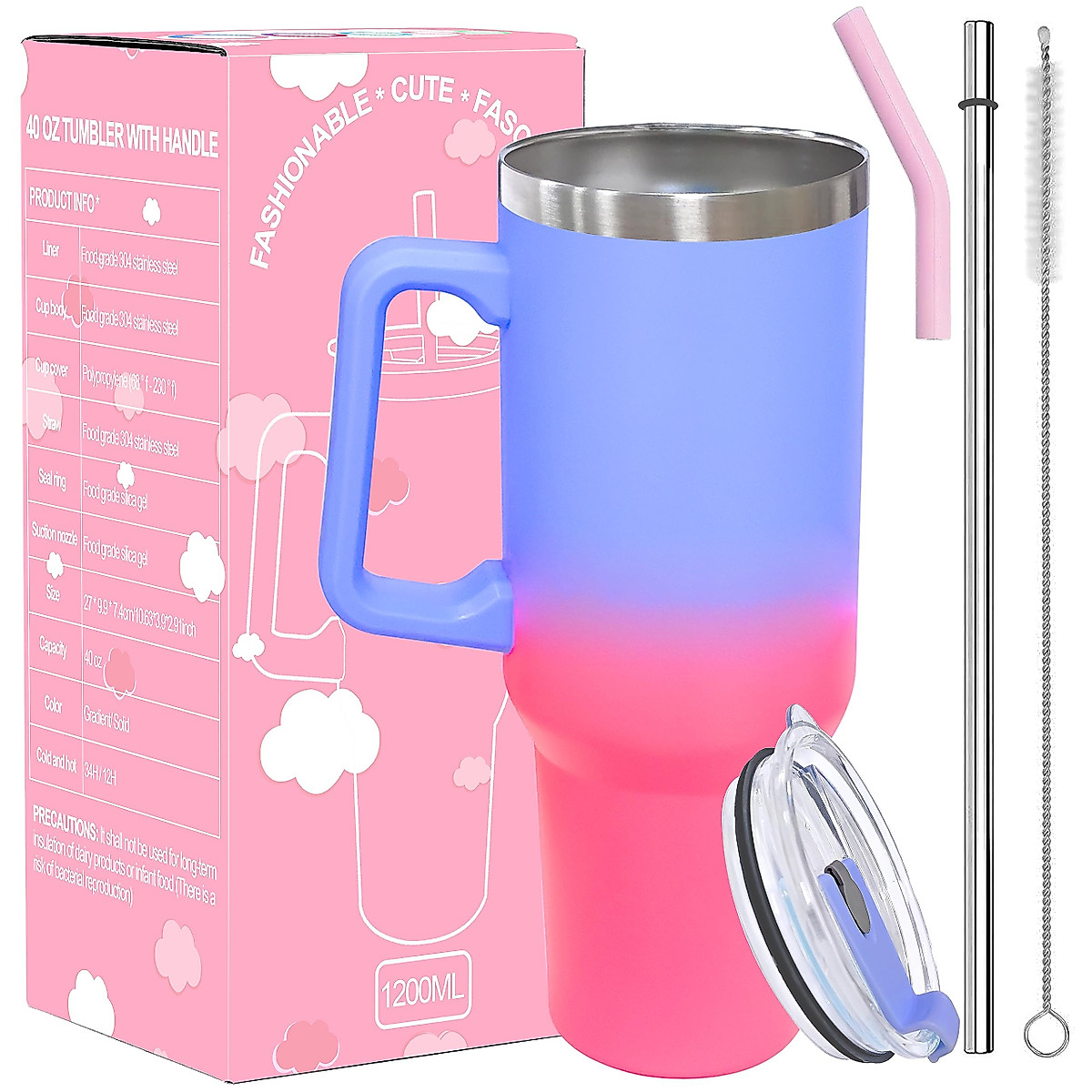 40 oz Tumbler with Handle and Straw-Stainless Steel Insulated Tumbler with Straw, Water Bottle with Straw and Handle, Insulated Cup with Straw and Lid in Car Cup Holder（Pinkpurple)