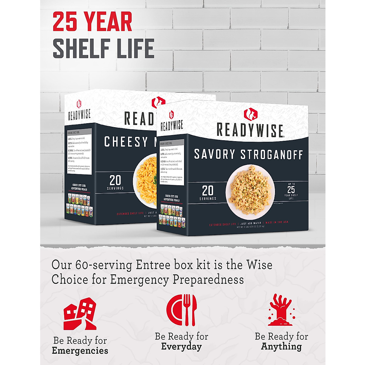 READYWISE - Entrée Box Kit, 60 Servings, 3 Box Kit, Freeze Dried Food, MRE, Emergency Kit, for Hiking, Camping Essentials, Hurricane Preparedness Items, & Food Storage, 25-Year Shelf Life
