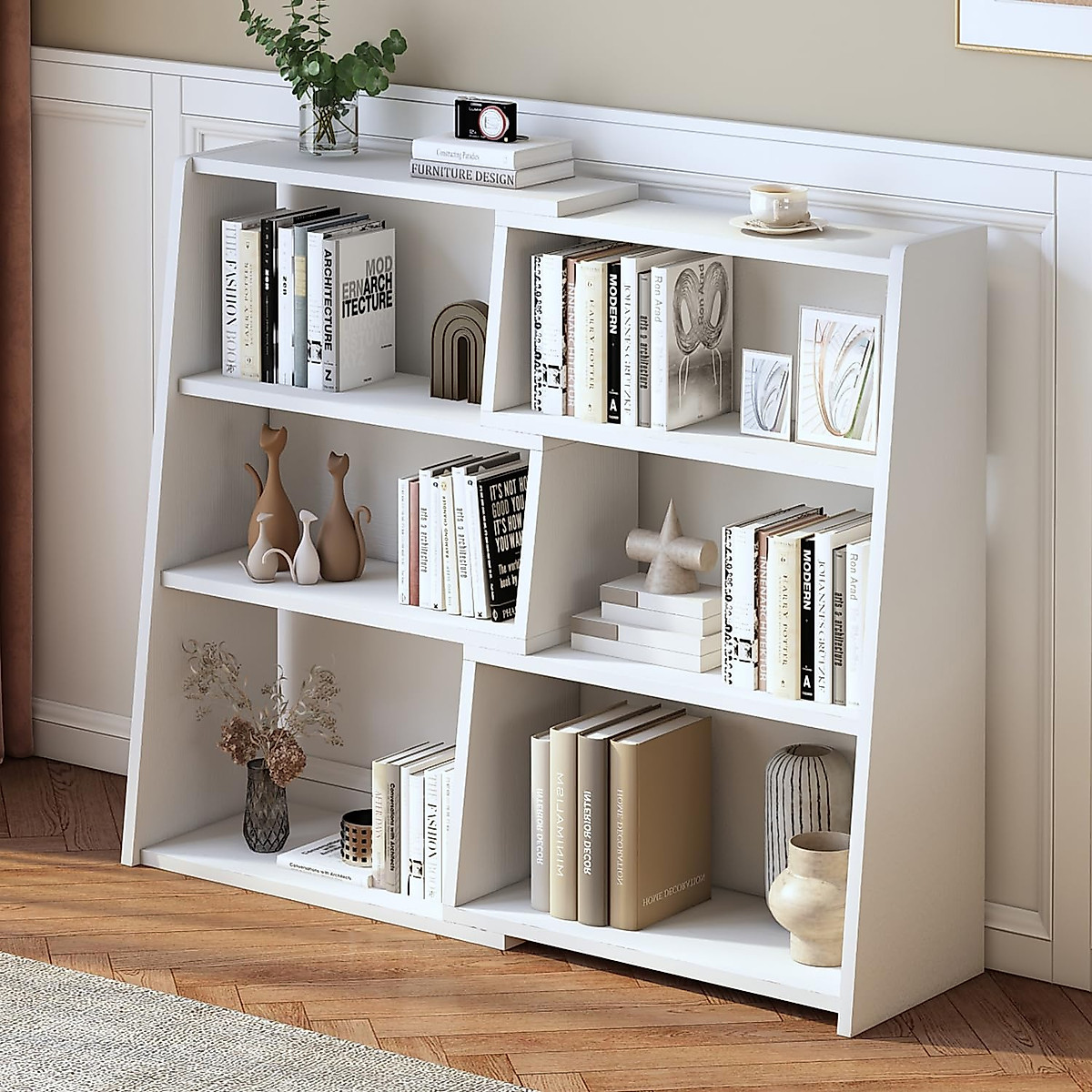 IOTXY Wooden Extendable Shelf Bookcase - 3-Tier Ladder Low Short Bookshelf for Small Space or Corner, White, S