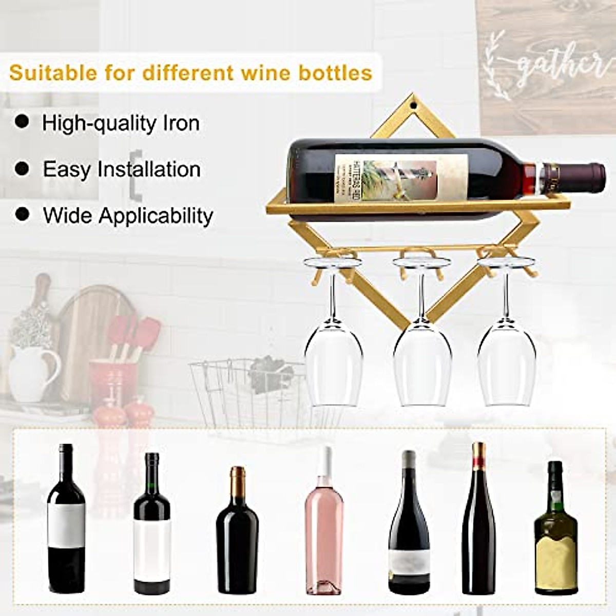 2Pcs Metal Wall Mounted Wine Holder Stemware Glass Rack, Upgrade Collapsible Hanging Red Wine Racks Organizer with 3 Stem Glass Holders, Wine Bottle Display Hanger for Home Kitchen Bar Decor…