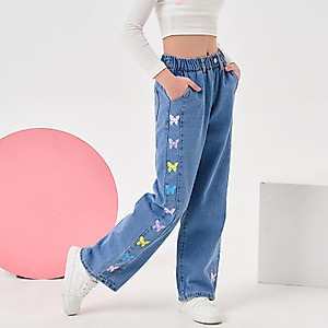 Rolanko Big Girls Baggy Jeans Elastic Wide Leg Stretch Denim Pants Loose Kids Clothes (Colorful Butterfly, 14-16)