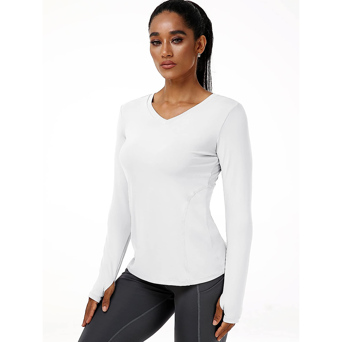 CADMUS Women's V-Neck Workout Shirts Long Sleeve Yoga Top Athletic Running T Shirt,Black, Grey, White,Medium