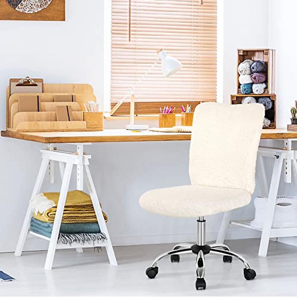 Giantex Faux Fur Office Chair, Armless Home Desk Chair, Height Adjustable Swivel Cute Chair, Middle Back Chair w/Chrome Base, Modern Fuzzy Vanity Chair, Rolling Task Chair for Study Bedroom (Ivory)