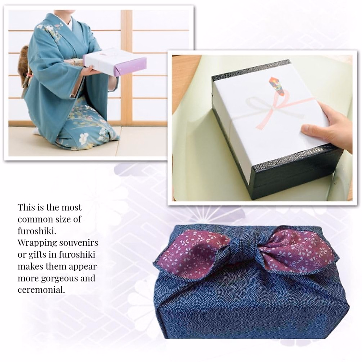 Furoshiki Japanese Wrapping Cloth Eco Gift Wrap Paper Reversible Shark Skin Cherry blossoms Pattern, Eco-bag Bento Lunch Cake Wine Bottle Box Kimono Cover (Iron Blue and Rose, 27.6 x 27.6 inches)