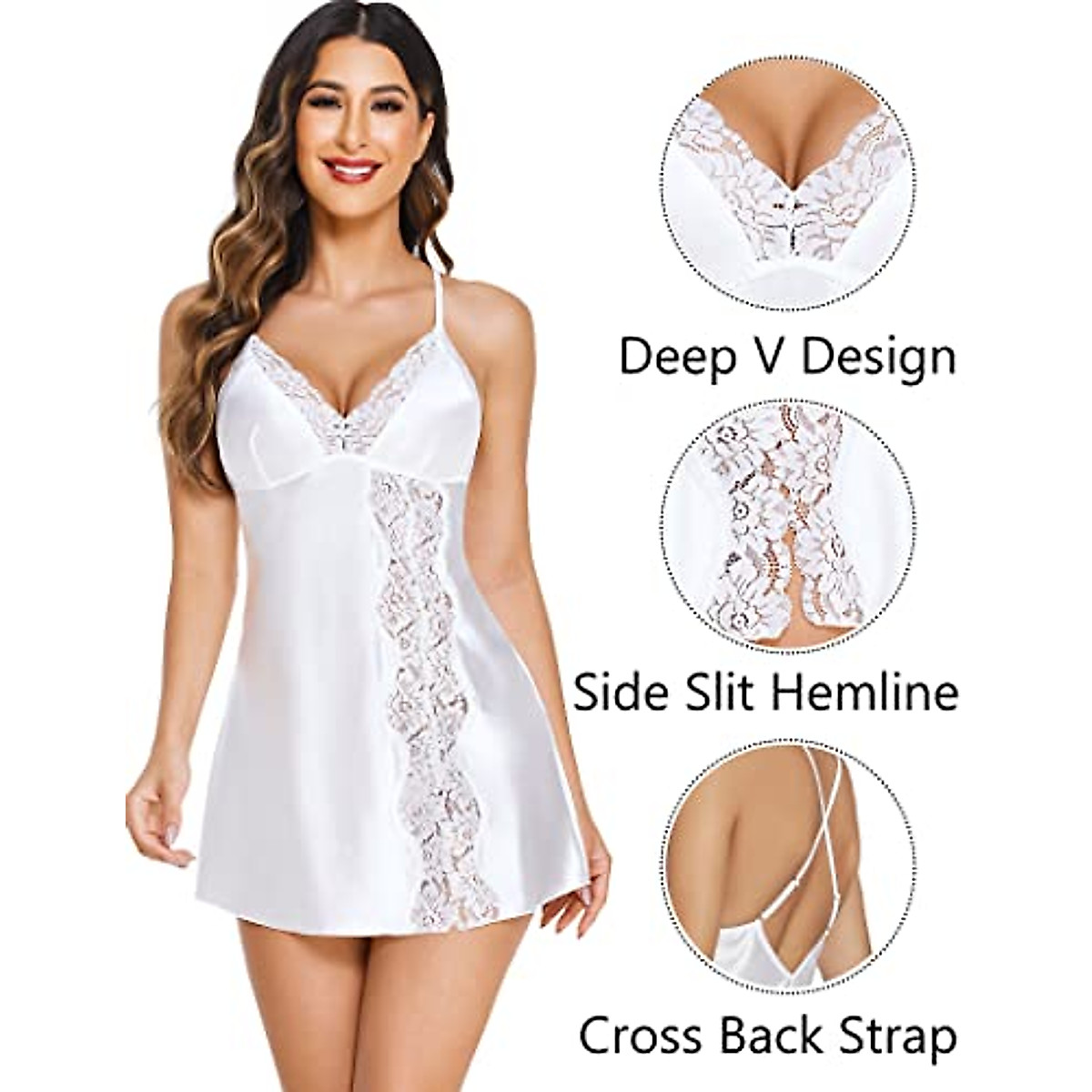 Avidlove Women Lingerie Satin Lace Chemise Nightgown V Neck Sexy Full Slips Sleepwear Dress (Large, A White)