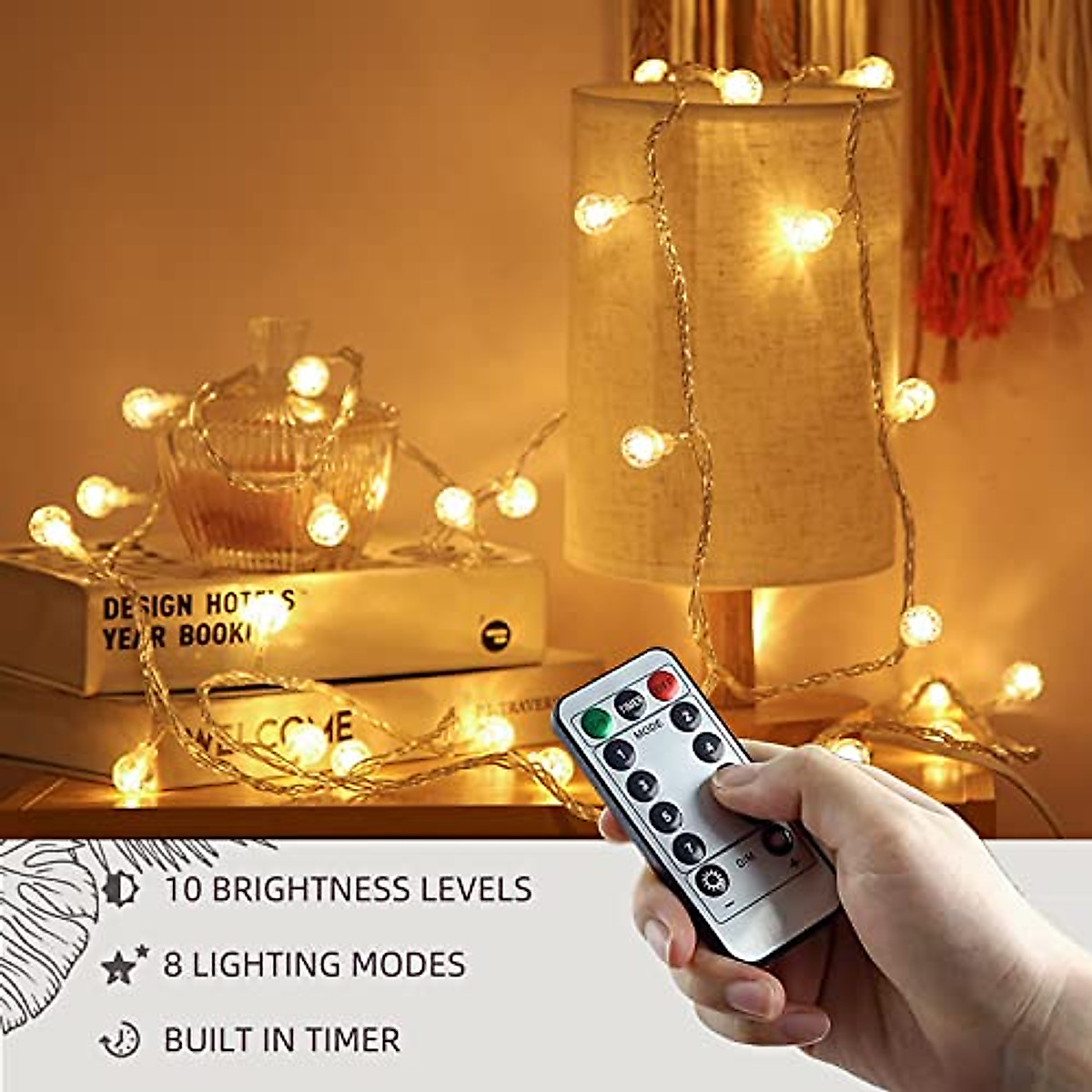 Globe String Lights Battery Operated Outdoor Lights with Remote Timer 20FT 40 LED Fairy Lights Indoor Outdoor Waterproof Hanging Lights for Patio Gazebo Balcony Garden Bedroom Christmas Décor Yummuely