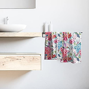 Pink Blue Floral Hand Towels Hummingbird Wild Floral Kitchen Dish Towel Set of 2 Spring Summer Decor Towel Set for Bathroom, Hotel, Gym and Spa