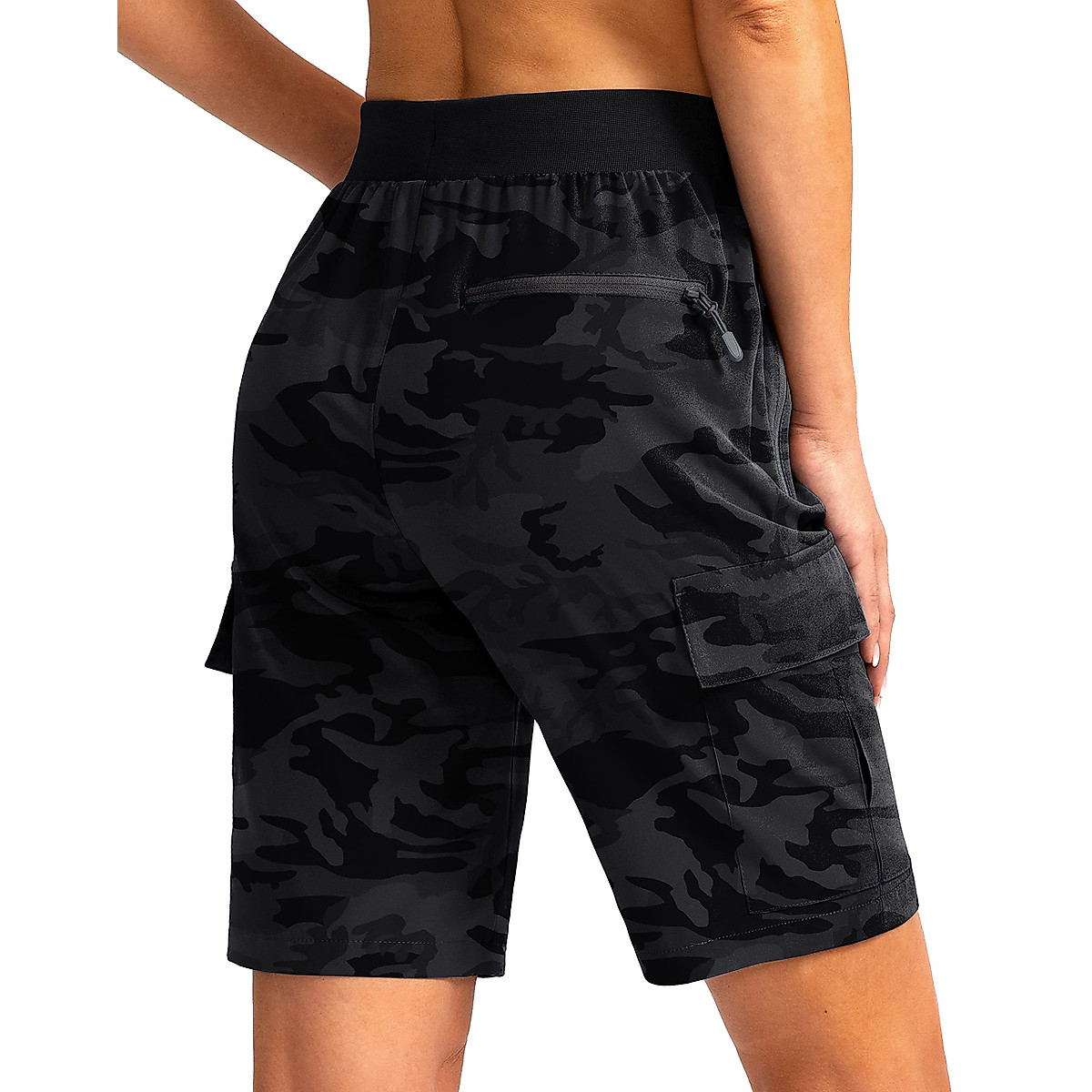 Soothfeel Women's 9" Hiking Cargo Shorts with 5 Pockets Quick Dry Summer Athletic Golf Bermuda Long Shorts for Women Casual (Grey Camo, S)