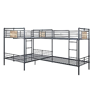 Epinki Twin/Full L Shape Bunk Bed in Sandy Black, Dark Bronze Hand-Brushed, Metal, Bed Frame, Easy Assembly