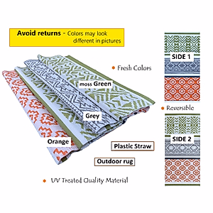 BalajeesUSA Outdoor Rugs 9x12 ft Large Plastic Patio Green, Orange Affordable Multipurpose Woven Plastic Straw All-Weather Waterproof Reversible Camper mat Backyard Picnic Sports Camps Tent Picnic