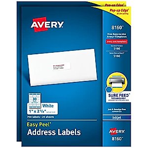 Avery Easy Peel Printable Address Labels with Sure Feed, 1" x 2-5/8", White, 750 per Pack, 2 Packs, 1,500 Blank Mailing Labels Total (08160)