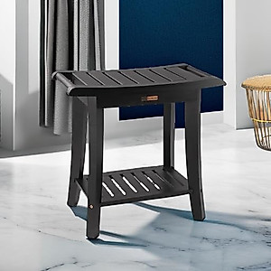 Bamboo Shower Bench Inside Shower Stool with Storage Shelf, Spa Bath Chair for Bathroom, Seat or Organizer for Living Room, Bedroom and Garden - Great for All Ages Unisex Elderly (Waterproof, Black)