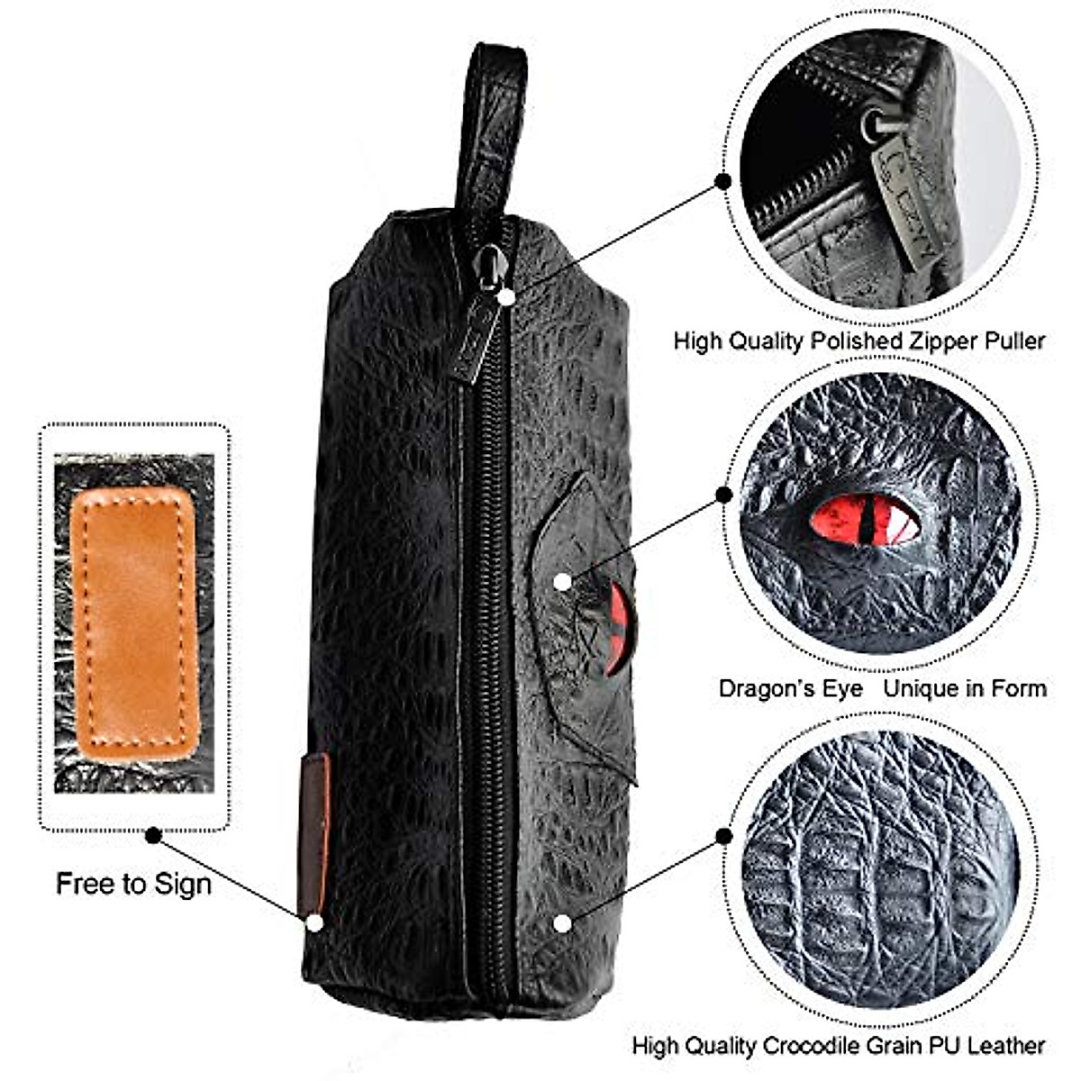 CZYY Pencil Case Black Faux Leather with 3D Dragon Eye and Name Tag Large Zipper Pen Pouch for School, Office & Art