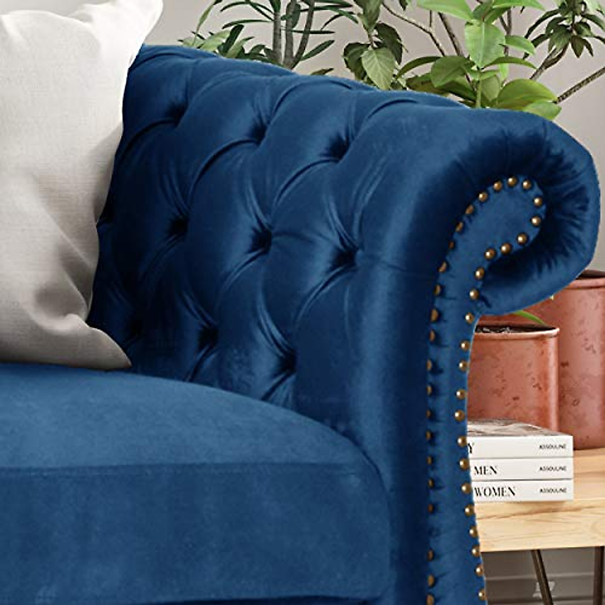 GDFStudio Chesterfield Tufted Jewel Toned Velvet Sofa with Scroll Arms, Navy Blue