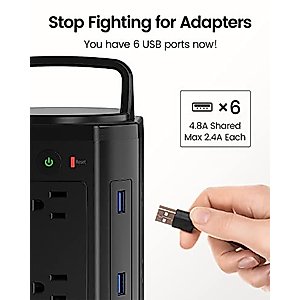 Power Strip Surge Protector Tower 2100J, SUPERDANNY Extension Cord with Multiple Outlets, 12 AC 6 USB Charging Station, Handle Cord Retracting, 6.5ft Overload Protection for Garage, Workbench, Black