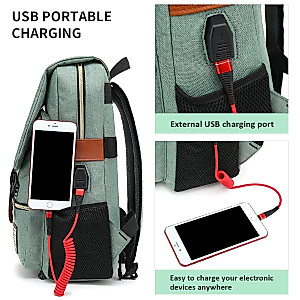 Mancio Vintage Slim Laptop Backpack for Women Men,Tear Resistant Business School College Bag with USB Charging Port, Green.