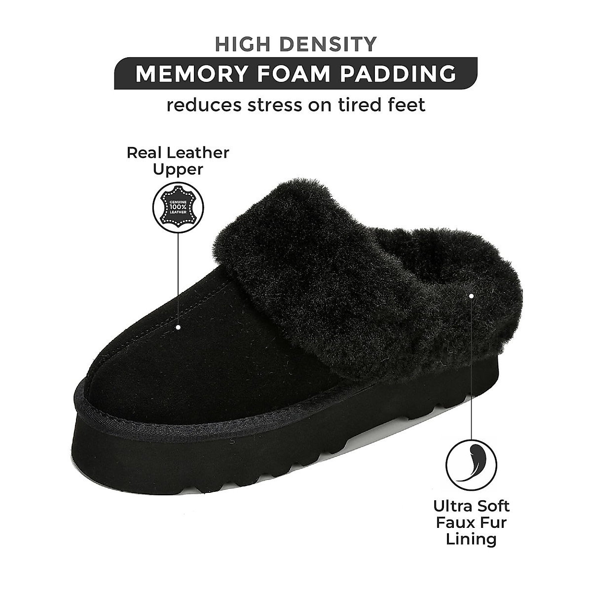 Project Cloud Genuine Suede Slippers for Women Indoor Outdoor Fuzzy Slippers - Platform Sandals Women Footwear - Memory Foam Insole Womens Sandals, Water-resistant Womens Slippers (Snowy, Black, 9)