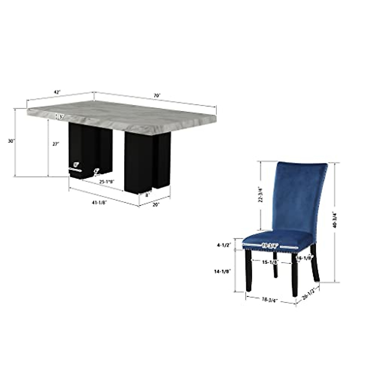 Melpomene Premium 7-Piece Dining Table Set with One 70" L Faux Marble Dining Rectangular Table and 6 Upholstered-Seat Chairs for 6, for Dining Room and Living Room Furniture (Blue)