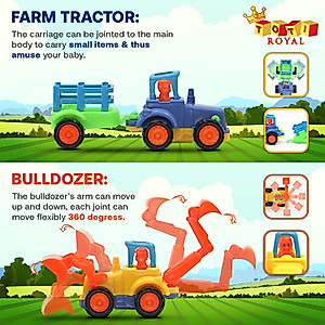 friction Powered Cars Push and Go Construction Vehicles Toy Set of 4 Cartoon Bulldozer, Tractor, Cement Mixer, Dump Truck - w/Bonus Mesh Bag Toddler/Baby-Friendly for Boys and Girls Ages 1-5 Kids Gift