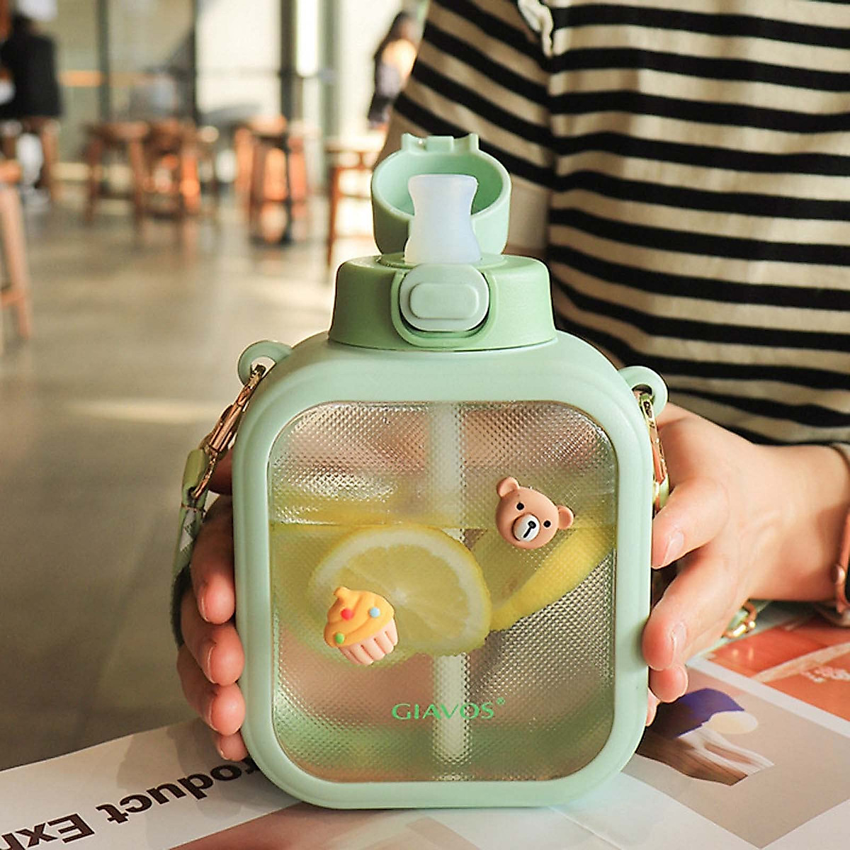 MLAFE Kawaii Square Mug Lovely Large Capacity Outdoor Water Bottle 700ML Portable Drinking Cup With Straw Water Bottle (green)