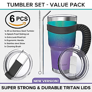 CHILLOUT LIFE Stainless Steel Travel Mug with Handle 30 oz – 6 Piece Set. Tumbler with Handle, Straw, Cleaning Brush & 2 Lids. Double Wall Insulated Large Coffee Mug Bundle