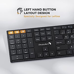 ProtoArc Wireless Left Handed Keyboard, XK21 Bluetooth Left-Handed Wireless Keyboard, Full-Size Ultra-Thin Rechargeable Silent Multi-Device Left Hand Numeric Keypad, Windows/Mac/Android