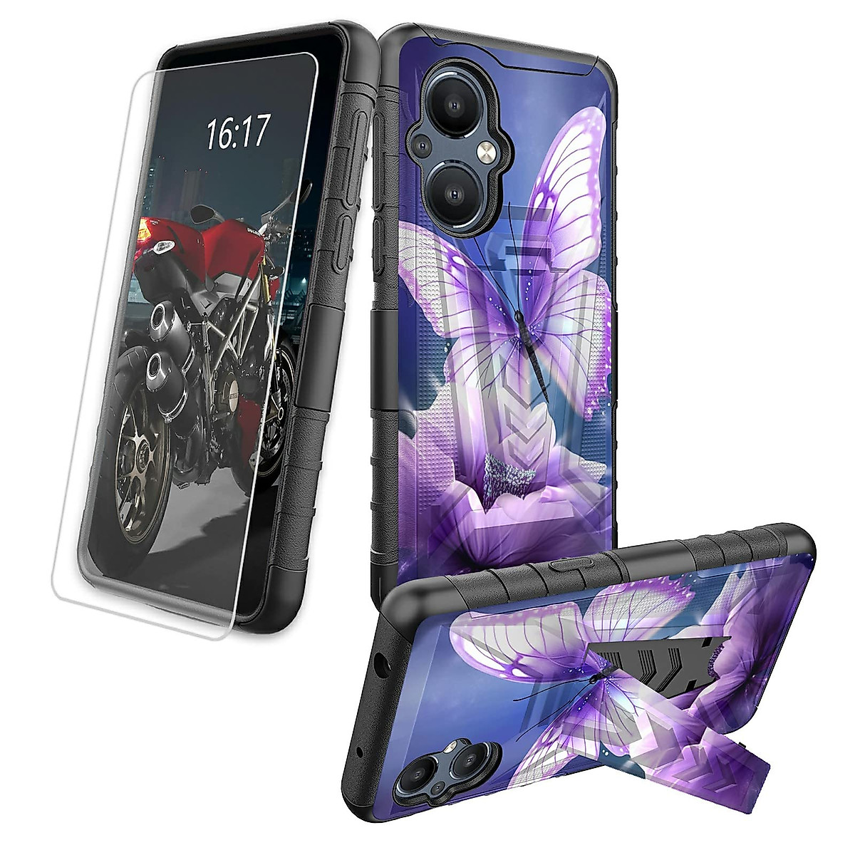 BREIDMKFM Case for OnePlus Nord N20 5G, with Tempered Glass Screen Protector Heavy Duty Built-in Kickstand Shockproof Phone Case for OnePlus Nord N20 5G 2022, Purple Butterfly Flower