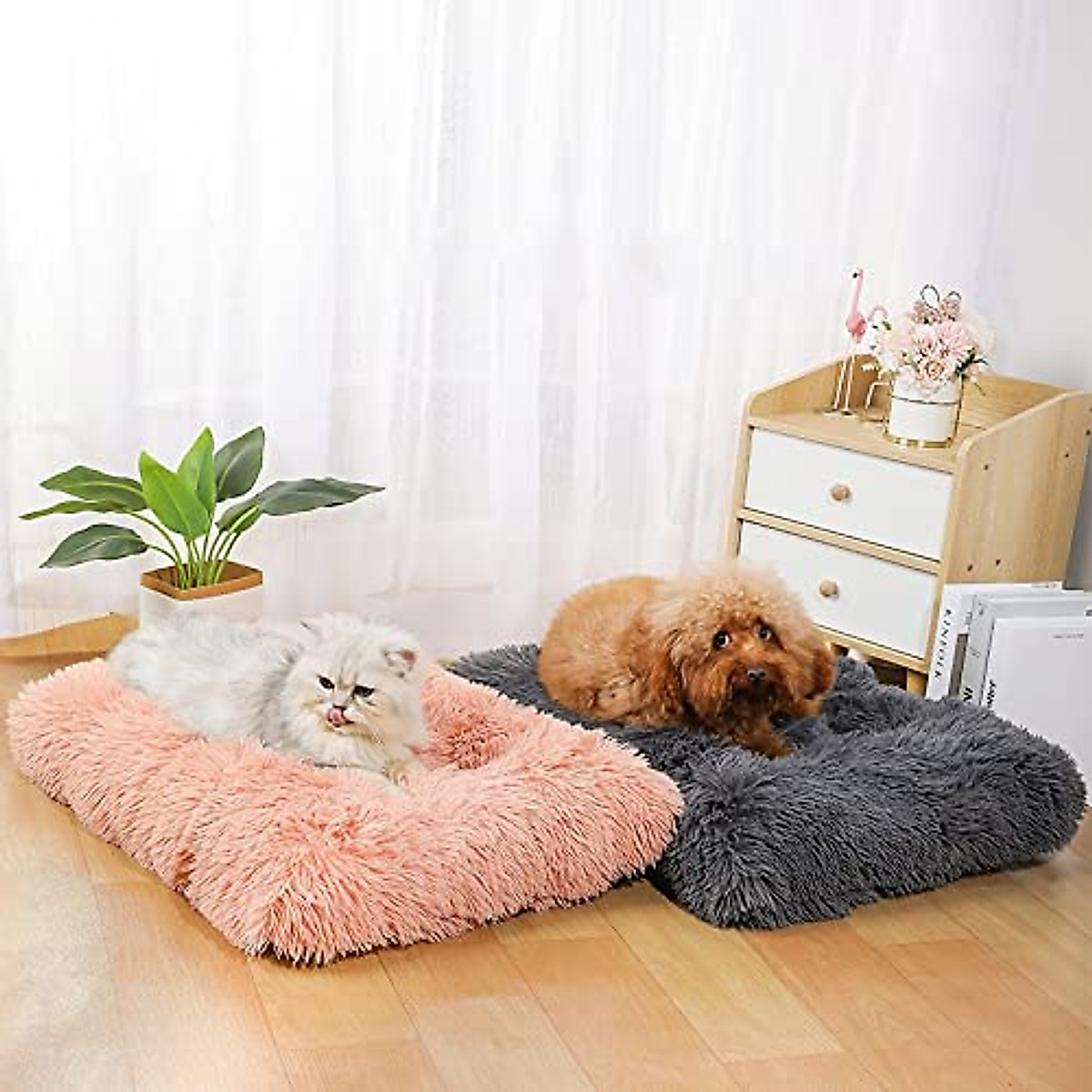 LINGYANMM Long Plush Dog Bed Square Dog Mat Pet Cushion Blanket Soft Fleece Cat Cushion Puppy Chihuahua Sofa Mat Pad for Small Large Dogs (Color : Khaki, Size : S 65x48cm)