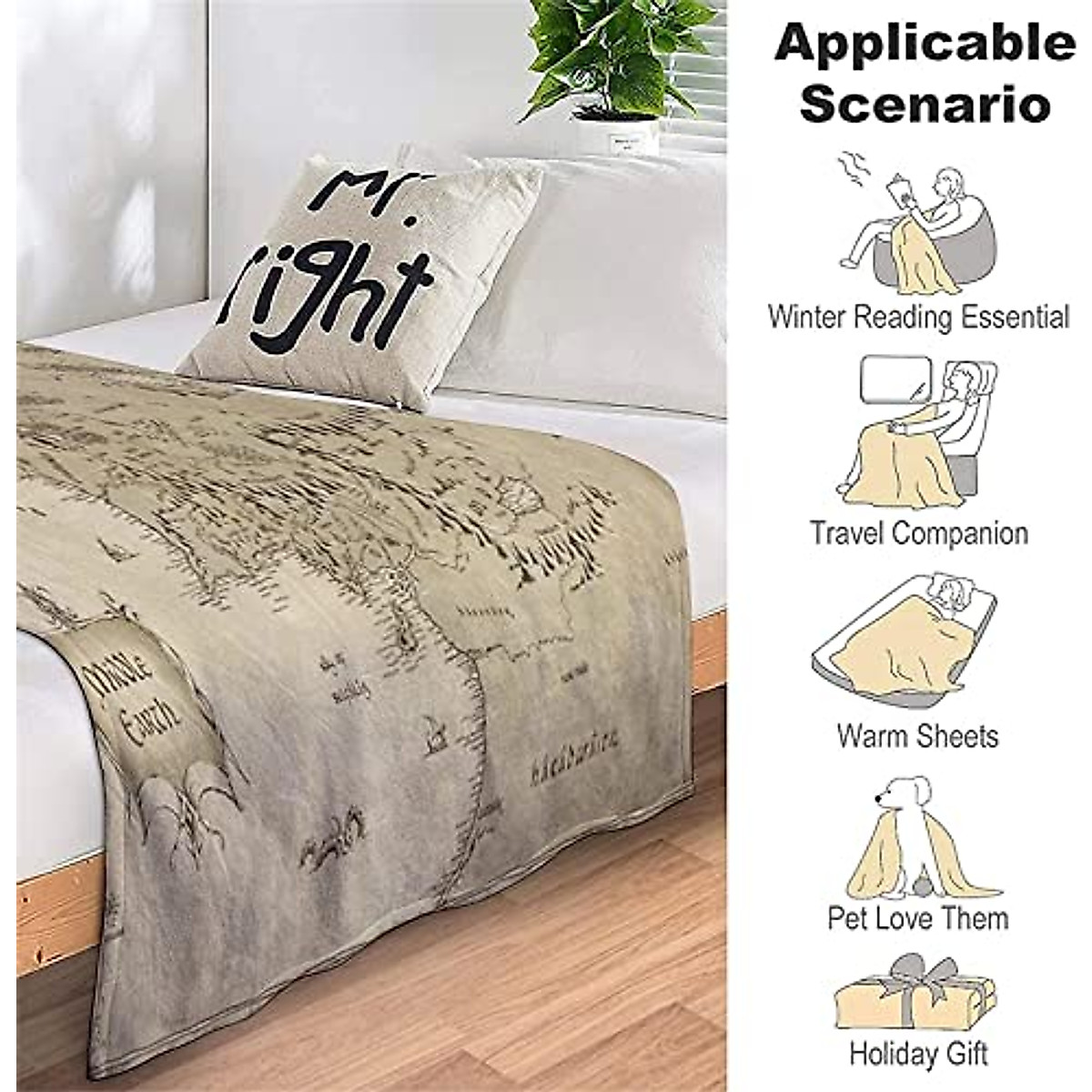 Blanket Middle Earth Map Blankets and Throws Premium Fleece Super Soft Throw Blanket Cozy Bed Blanket Couch Decorative for Home Bedding Living Room (Black, 50 * 40)