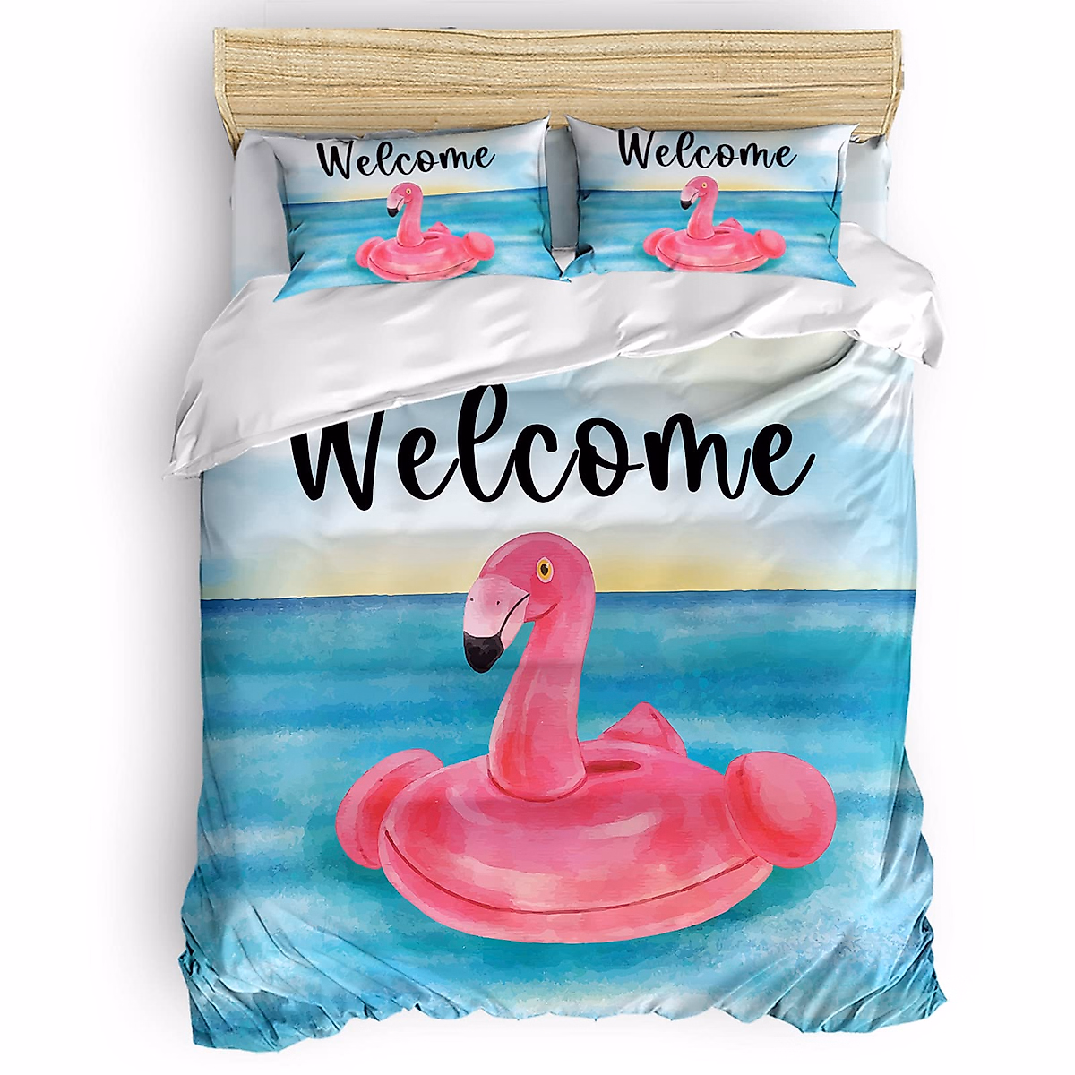 Queen Bedding Covers Set 4 Pieces, Pink Flamingos Soft Bedding Comforter Set, Welcome Summer Tropical Blue Beach All Season Bed Sheet Set with Duvet Cover, Fitted Sheet and Pillowcase