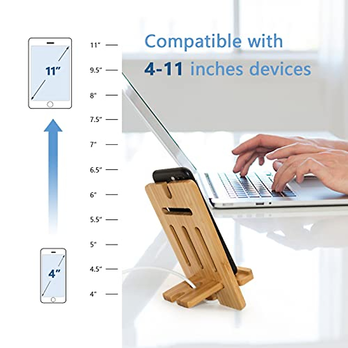 BambuMate Tablet Stand, Adjustable Tablet Holder, Tablet and Phone Holder, Cell Phone Stand Compatible with Smart Phone, Tablet -Natural Bamboo