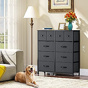 YITAHOME 10 Drawers Fabric Dresser, Dresser for Bedroom, Nursery, Closets, Tall Chest Organizer Unit with Sturdy Steel Frame, Wooden Top, Black Ash