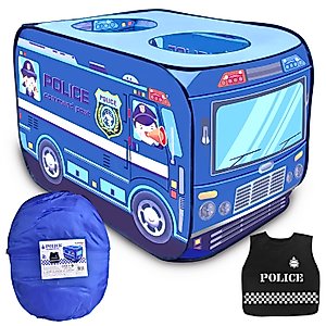FUN LITTLE TOYS 44"×28" Kids Pop Up Tent with Policeman Costume and Carrying Case, Indoor and Outdoor Police Car Tent for Kids Play Tent Gift for Boys and Girls