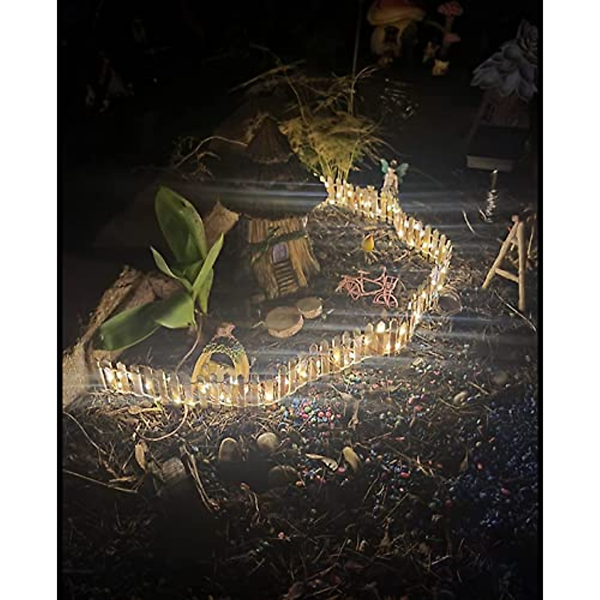 Robkea, 36 Inch Mini Fence Fairy Garden Fence & Waterproof LED 40FT 100 LED Solar String Lights with 8 Lighting Modes | Fairy Garden Accessories Outdoor(Brown)