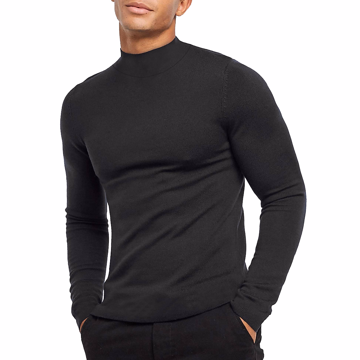 KINGBEGA Men's Regular Fit Basic Lightweight Long Sleeve Pullover Shirt Mock Turtleneck, Black 1, Large